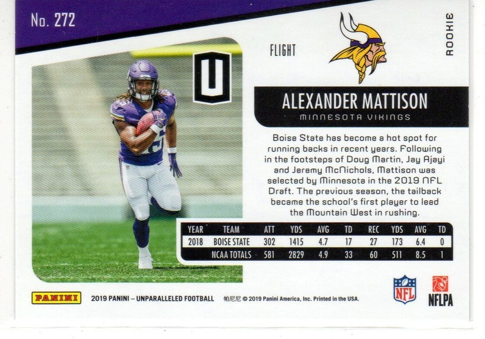 ALEXANDER MATTISON 2019 Unparalleled ROOKIE CARD FLIGHT #272 Boise St ...