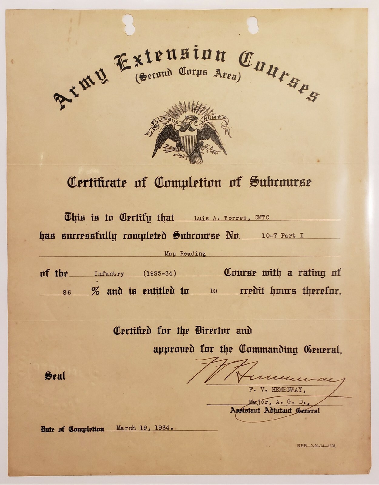 VTG CERTIFICATE / U.S. ARMY EXTENSION COURSES / PUERTO RICO / PRNG 1934 ...