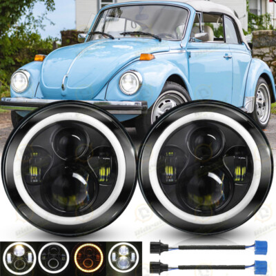 Pair 7" Inch Round LED Headlights Halo DRL Turn Lights For VW Beetle ...