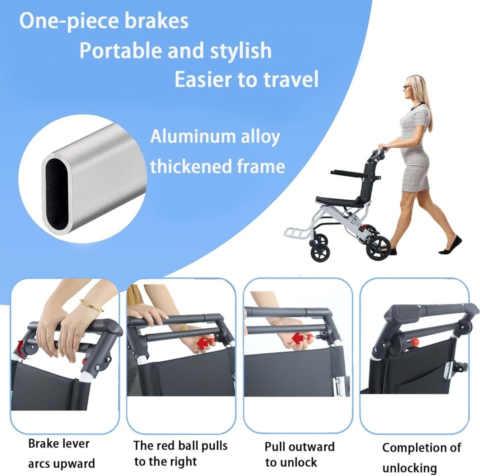 Portable Foldable Ultra-Lightweight Transport Wheelchair With Handbrake ...