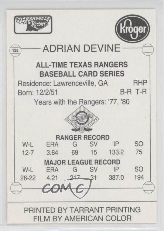 1993 Keebler Texas Rangers Adrian Devine #125 | eBay