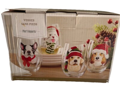 Pier 1 Imports Christmas Holiday Dogs Stemless Glasses Painted Set of 4 ...