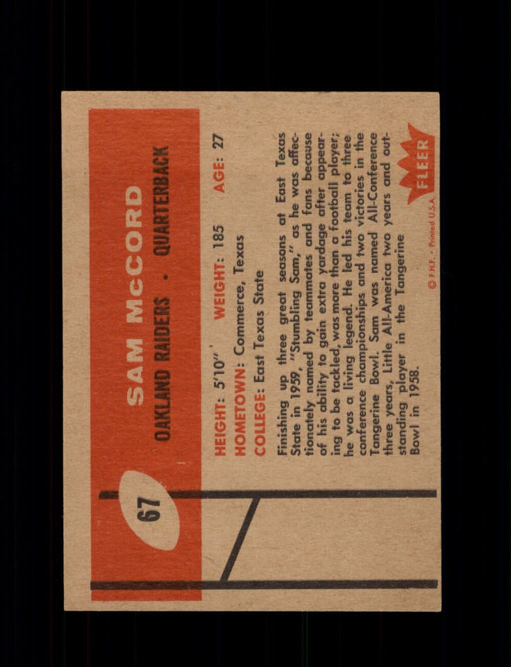 1960 SAM MCCORD FLEER #67 RAIDERS *G8550 | eBay