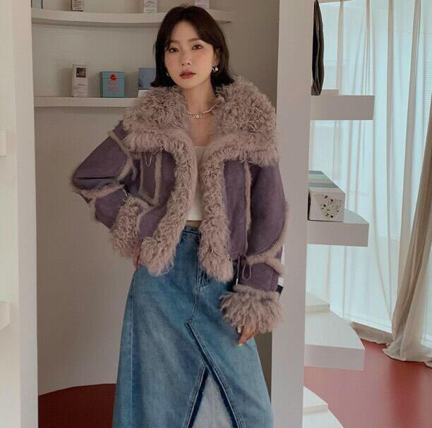 Rabbit Fur Coat Women's Short Biker Jacket Lamb Fur Collar Punk Leather ...