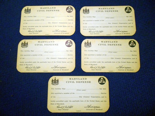5 Maryland Civil Defense Identification Card 1950s Cold War Govenor ...