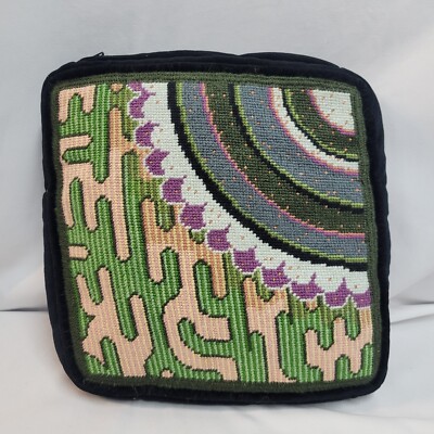 Vintage Small Square Black Velvet & CACTUS Needlepoint SOUTHWESTERN ...