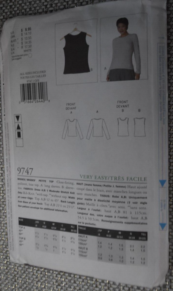 VOGUE 9747 MISSES PETITE CLOSE FITTING PULLOVER BIAS TOP PATTERN Sz 6 ...