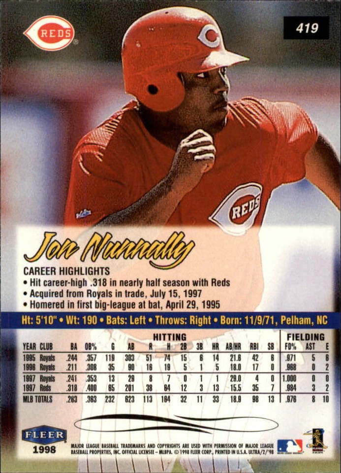 1998 Ultra Baseball Card #419 Jon Nunnally | eBay