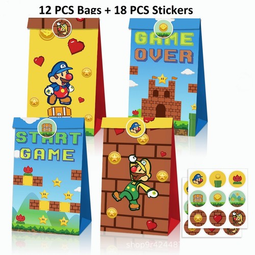 12PCS Super Mario Paper Lolly Loot Bag 18X Stickers Party Bag Favour ...