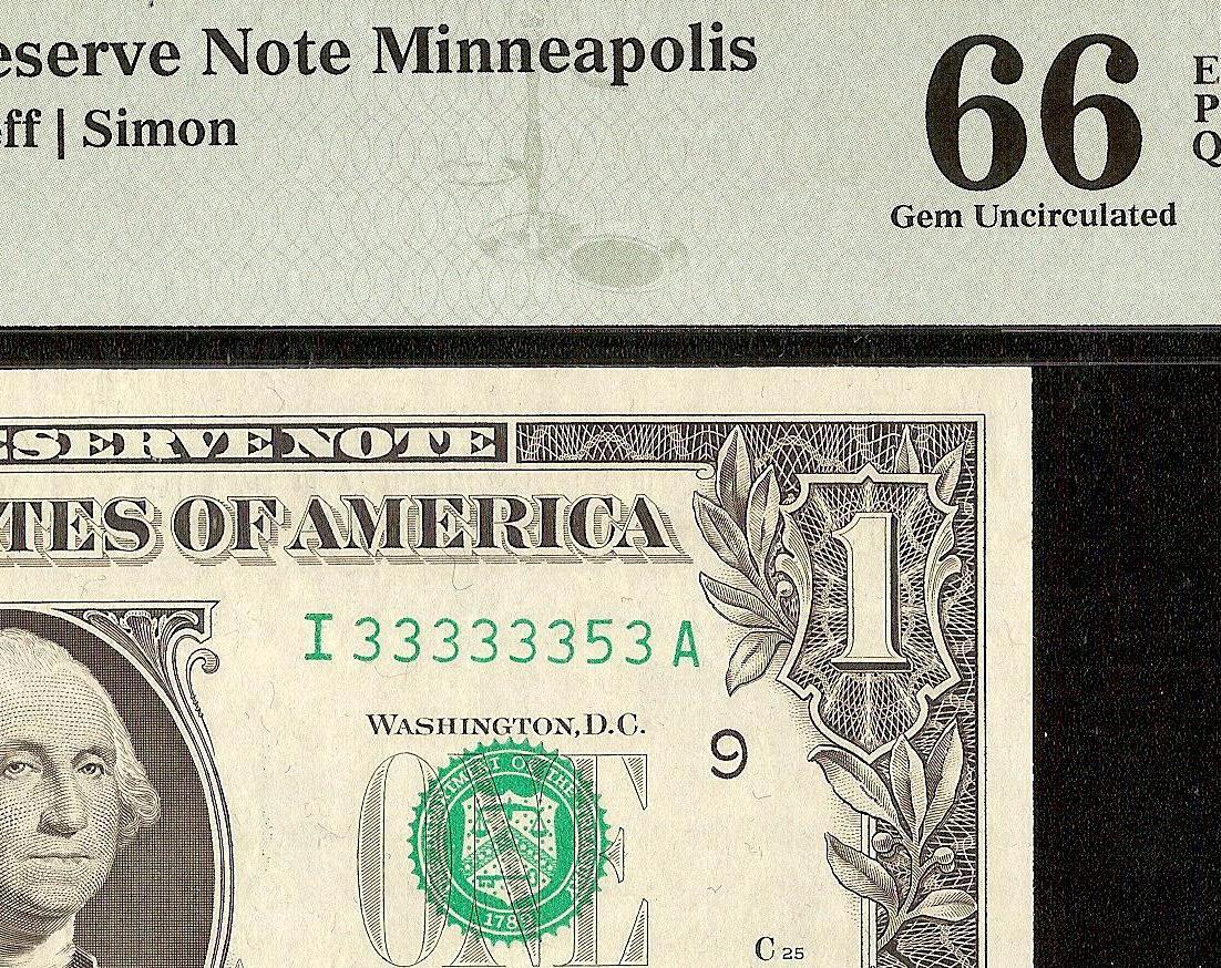 1974 $1 BILL 33333353 NEAR SOLID SERIAL NUMBER 7 OF A KIND DOLLAR PMG ...