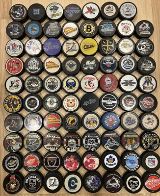 HUGE HOCKEY PUCK LOT Of 79 PUCKS NHL AHL NCAA WPHL QMJHL IHL OHL ECHL ...