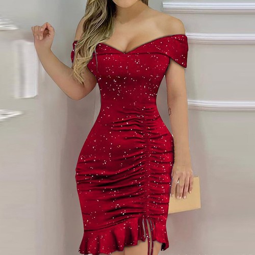 Mini Dress Skinny Ruffles Solid Color Low Cut Dress Ladies | eBay