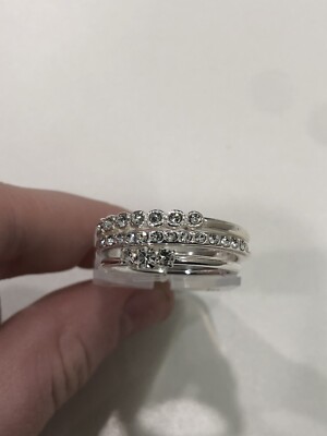 Beeline Fashion Jewelry Silver 3-Piece Gem Embedded Ring Stack Size 9 ...