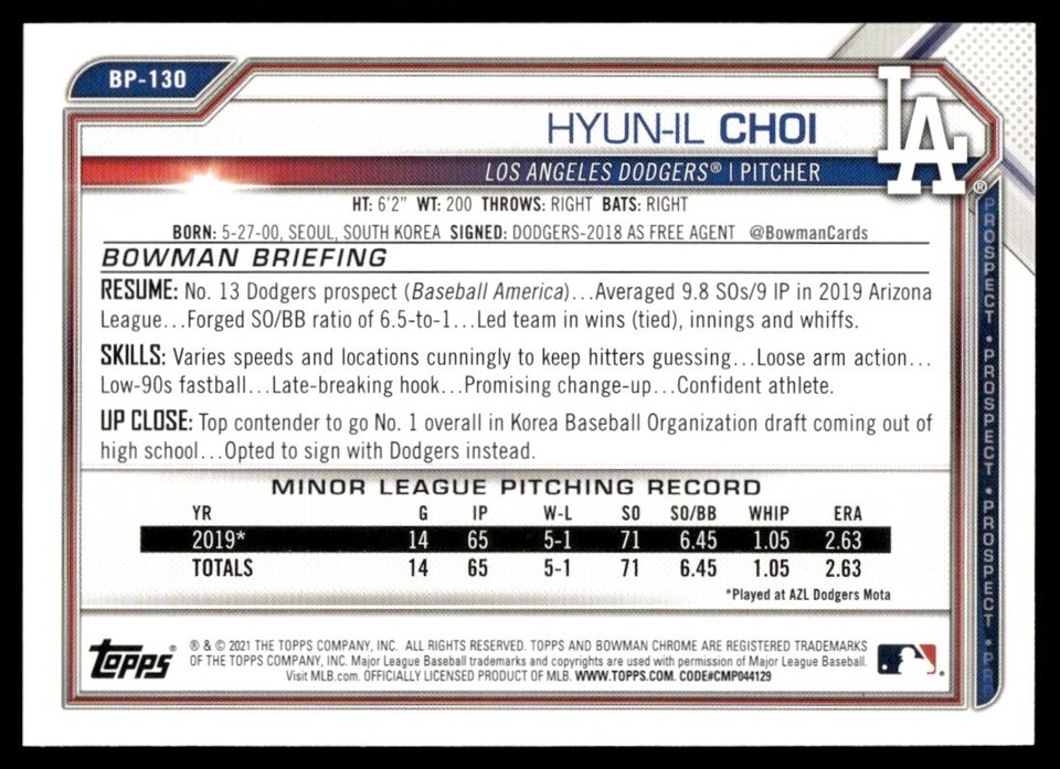 Hyun-il Choi 2021 Bowman Prospects Rookie 1st Card RC #BP-130 Los ...