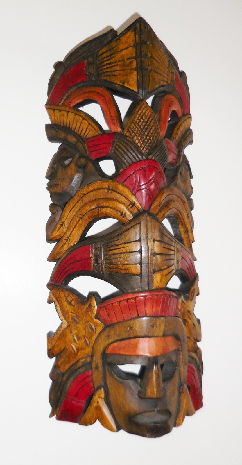 VINTAGE TALL MASK FIGURINE COLORFUL HANDCARVED WOODEN AZTEC WARRIOR ...