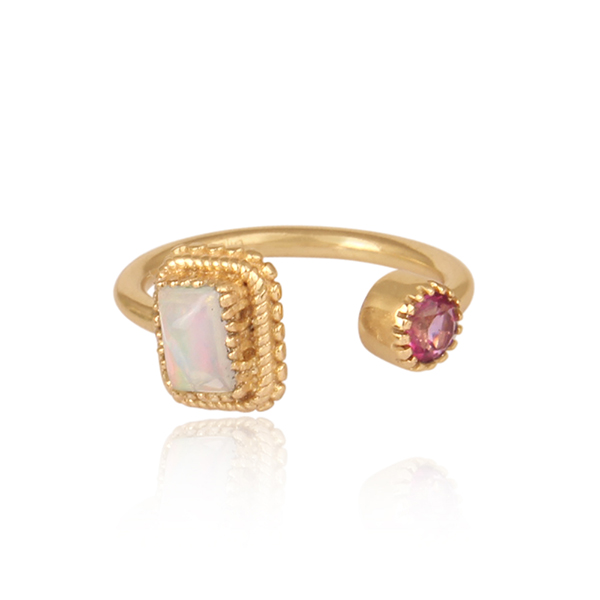 Double Stone Open Ring With Two Pink Topaz & Blue Fire Opal Gemstone ...