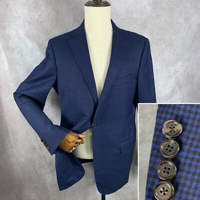 Hickey Freeman Traveler Blazer Men 42L Blue Windowpane Worsted Wool ...