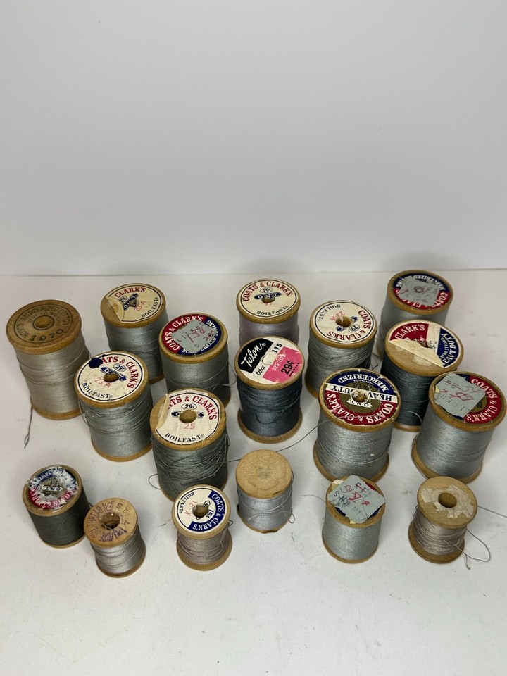 Vintage Lot 18 Wooden Spools Thread various gray grey Coats & Clark's ...