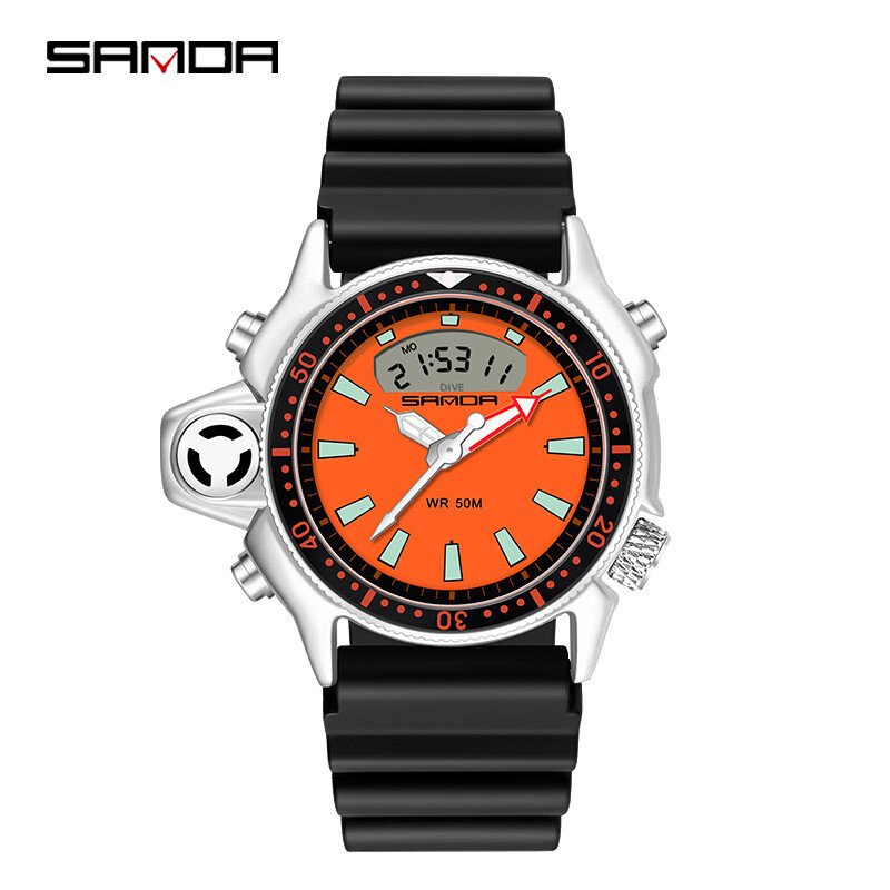 SANDA Dual Display Waterproof Chronograph Resin Band Backlight Alarm ...