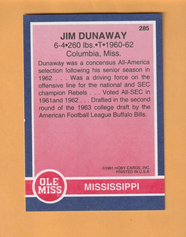 Jim Dunaway Mississippi Rebels 1991 Hoby SEC Stars #285 Columbia Ole ...