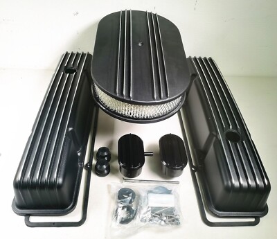 SBC Chevy Black Finned Valve Covers + Breather PCV + Gaskets + 12" Air ...