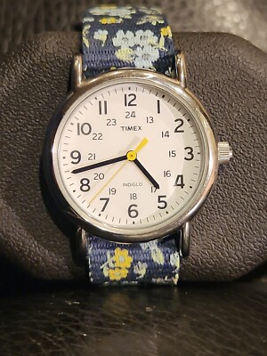 Timex Indiglo Silver Tone White Dial Blue With Flowers Canvas Band ...