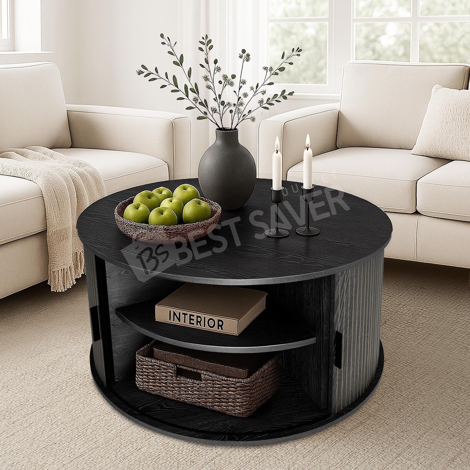 Round Black Coffee Table Bedside Sofa Side Storage End Tea Cafe Night ...