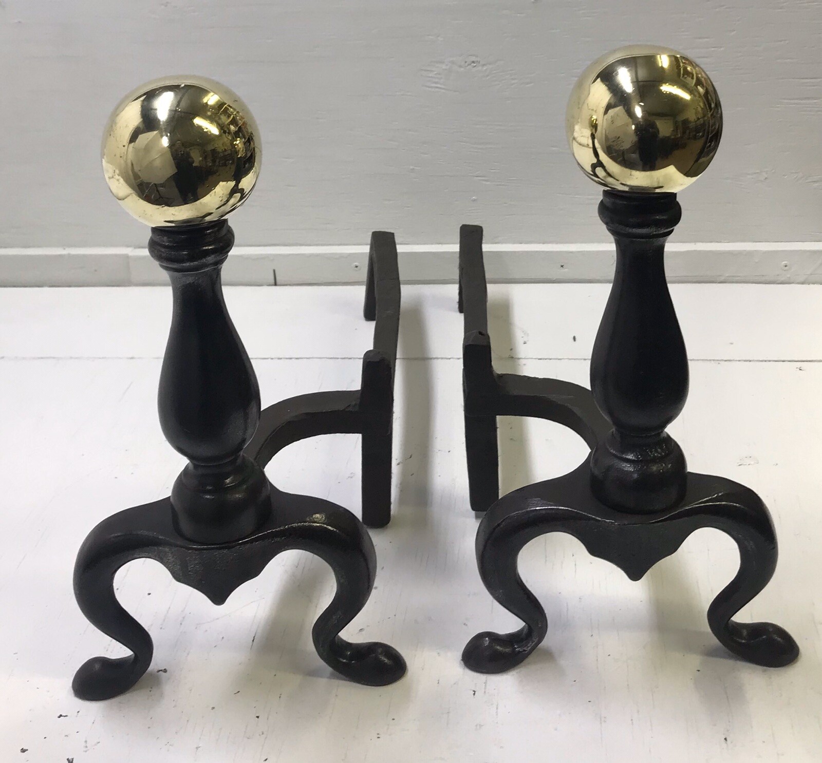 Antique 19th Cent. Brass Ball Andirons Hand Forged Billets SIGNED ...
