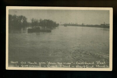 Connecticut CT postcard Hartford Shell Oil Tank spill Coast Guard flood ...