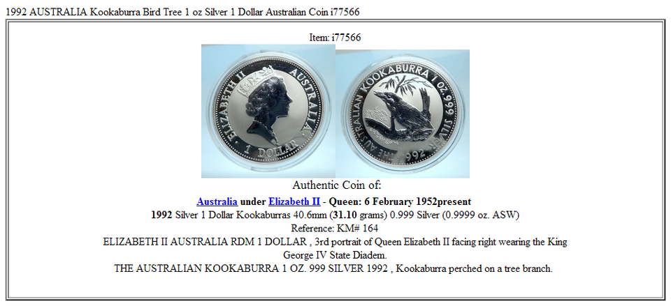 1992 AUSTRALIA Kookaburra Bird Tree 1 oz Silver 1 Dollar Australian ...
