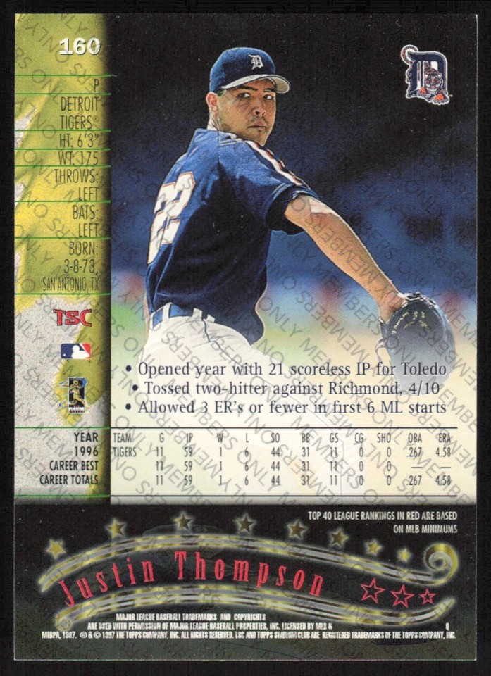 1997 Topps Stadium Club Members Only Justin Thompson #160 Detroit ...