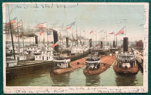 Sault Ste. Marie MI-Michigan, Blockade of Boats, Locks, c1905 Litho ...