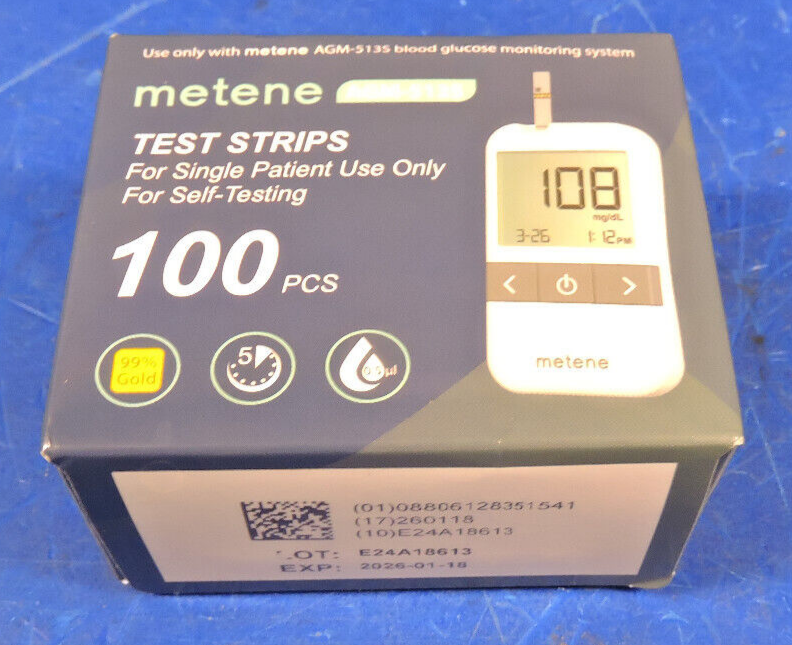 Box 100 Count Metene AGM-513S Test Strips Diabetes Blood Glucose/ Exp ...
