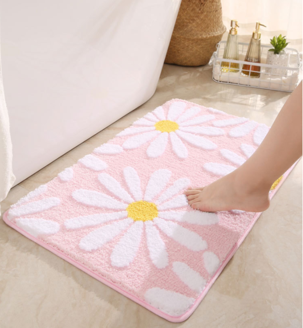 Daisy Bathroom Rug Mat White Flower Bath Rug Fluffy Soft Fiber Rug Pink ...