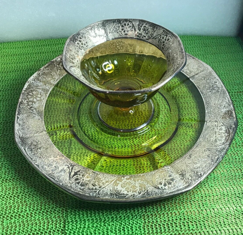 Vintage ELEGANT Gold Encrusted WIDE BAND AMBER GLASS PLATE & COMPOTE ...