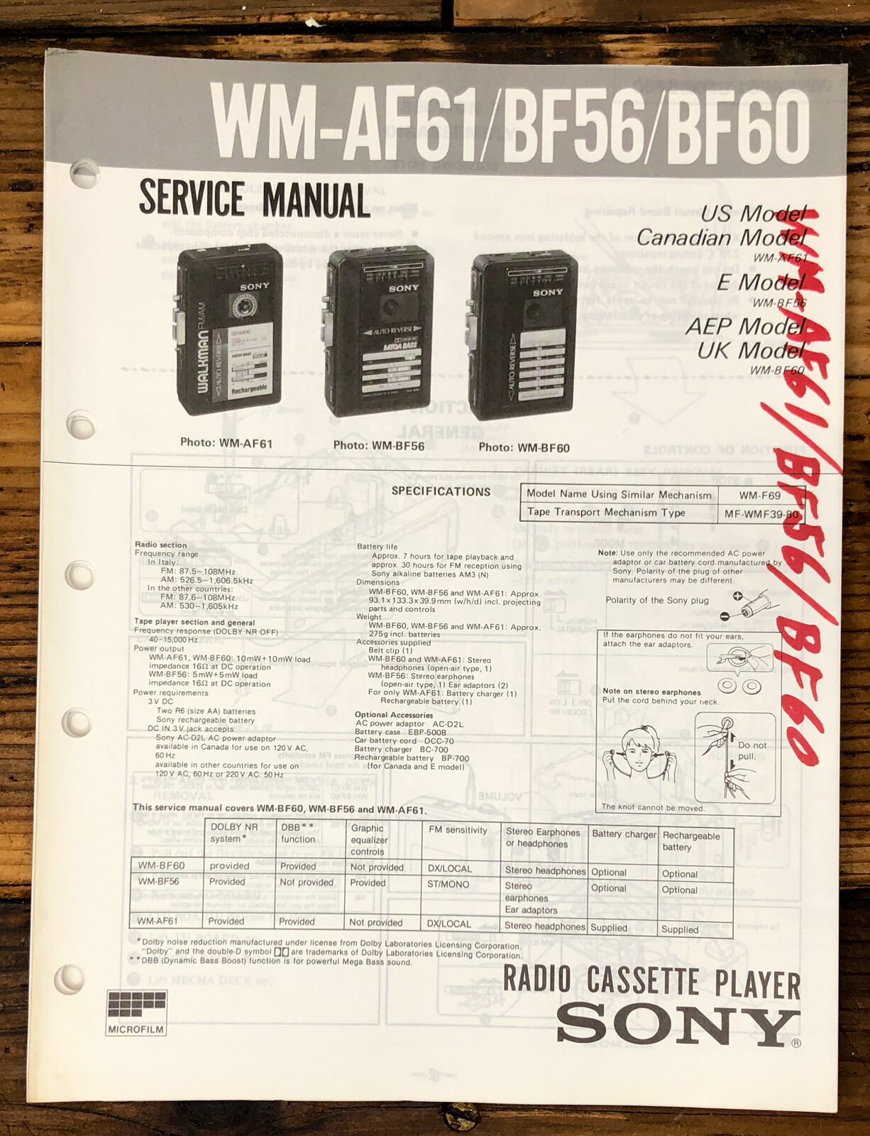 Sony WM-AF61 WM-BF56 WM-BF60 Service Manual *Original* | eBay