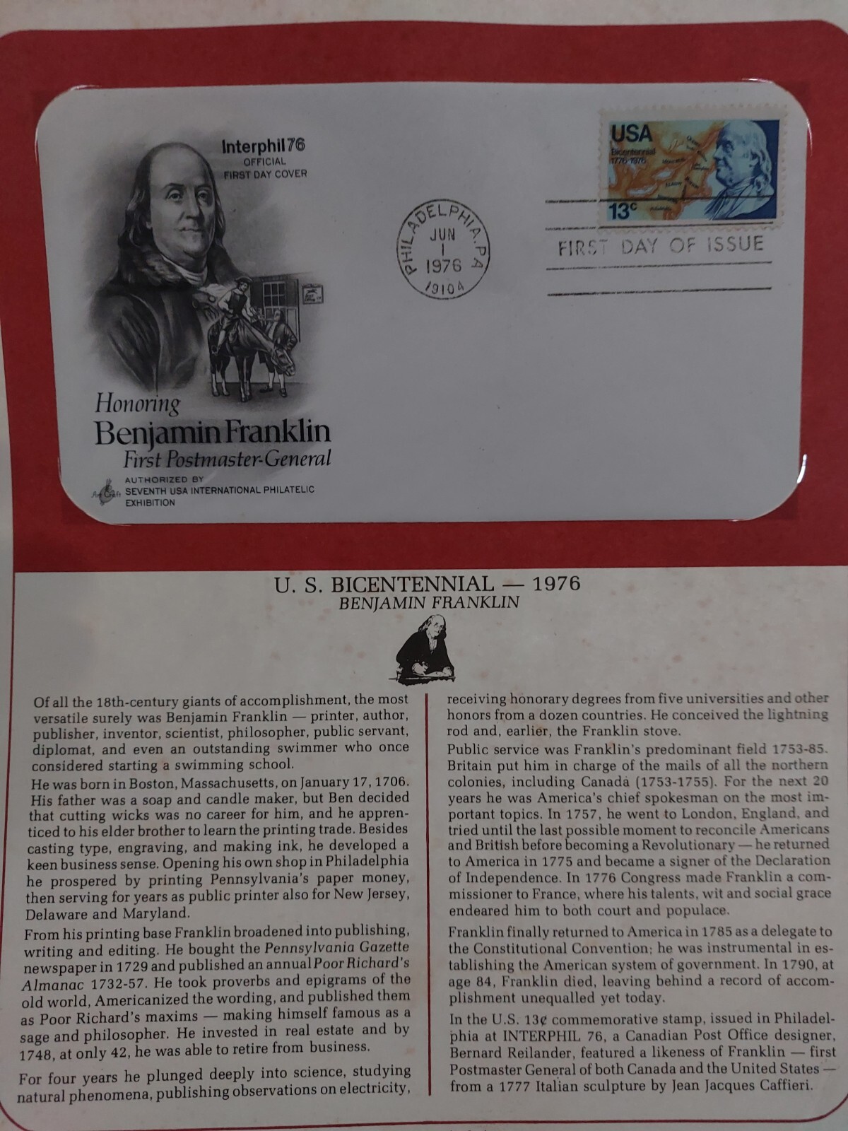 Benjamin Franklin First Day Of Issue June 1, 1976 | eBay