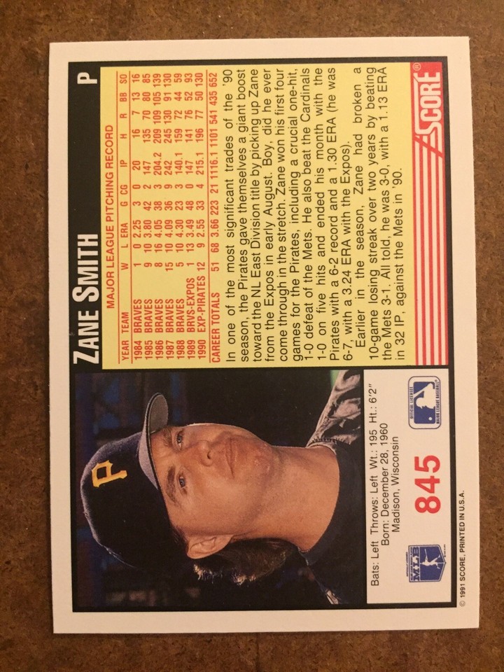 Zane Smith 845 Score 1991 MLB Baseball Trading Card | eBay