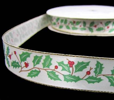 SALE !! - 10 Yards Christmas Holly Berries Gold Edge Ivory Satin Ribbon ...