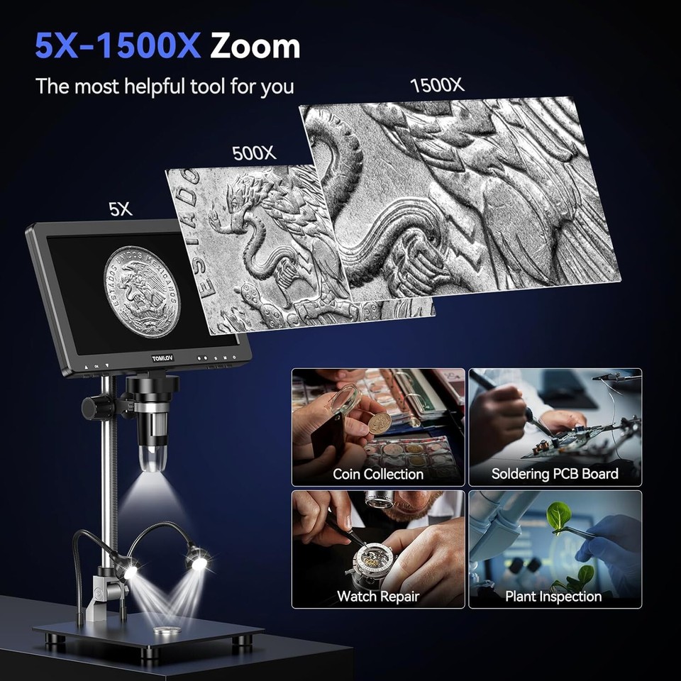 TOMLOV DM9 Max Digital Microscope HDMI 10" 1500X Magnifier 20MP Coin ...