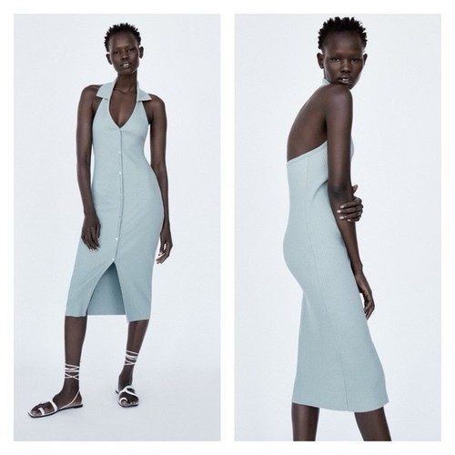 New Zara Blogger S Baby Blue Halter Neck Ribbed Bodycon Button Front ...