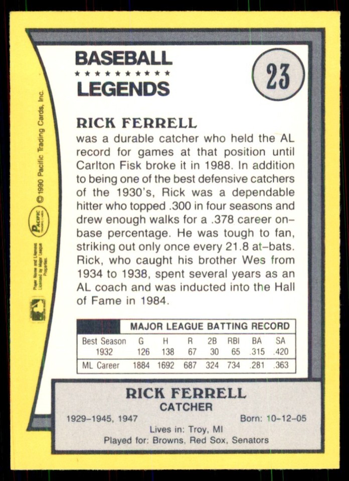1990 Pacific Rick Ferrell Baseball Cards #23 | eBay
