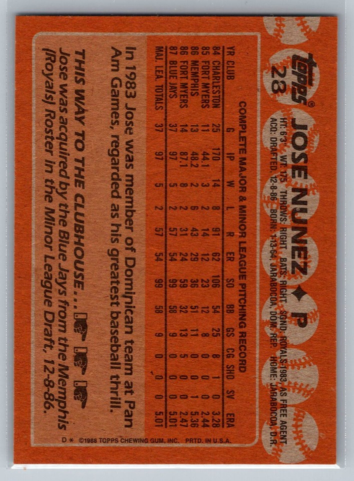 1988 Topps Baseball #28 Jose Nunez RC Toronto Blue Jays | eBay