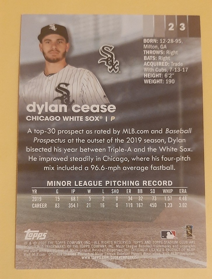 Dylan Cease 2020 Topps Stadium Club #23 Rookie Card RC Chicago White ...