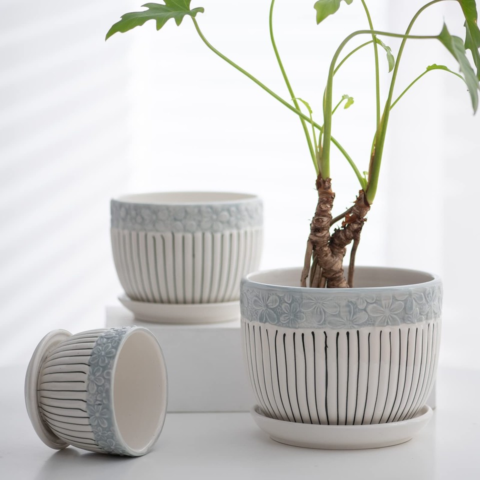 Grey Flower Pots,Texture Planter for Indoor Plants Set of 3 Ceramic ...