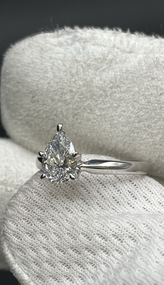 14k White Gold Solitare .97ct Pear Natural Diamond Ring SI2 GSI Cert ...