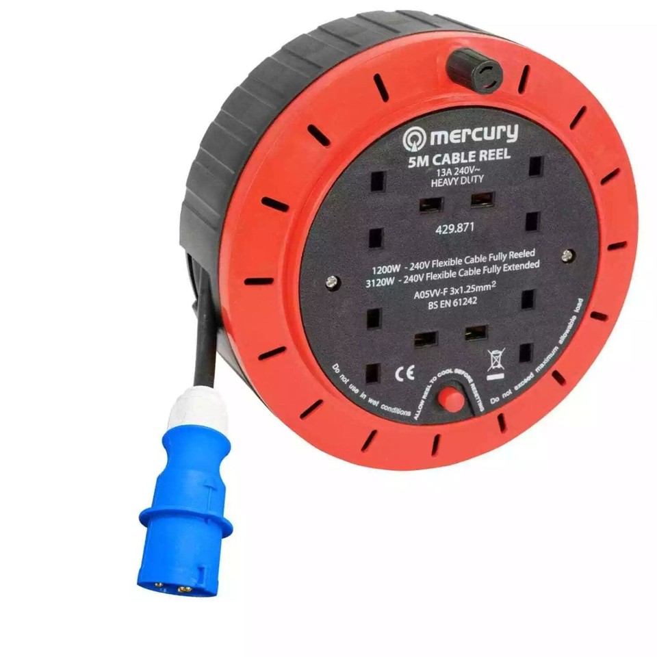 Camping Tent Electric Caravan Mains Hook Up Reel Power Cable 16A Plug ...