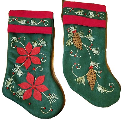 2 18” Christmas Stockings Prima Creations Embroidered Poinsettias and ...