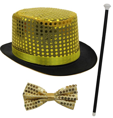 GOLD SEQUIN TOP HAT DANCE CANE BOW TIE FANCY DRESS RINGMASTER CABARET ...