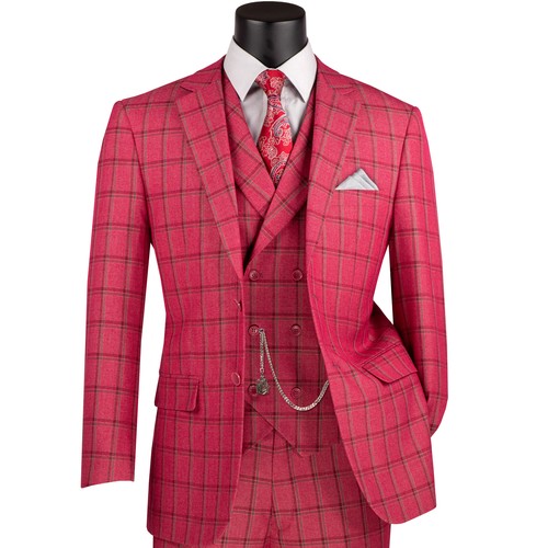 BIG & TALL VINCI Men's Raspberry Windowpane 3pc 2-Button Modern Fit ...